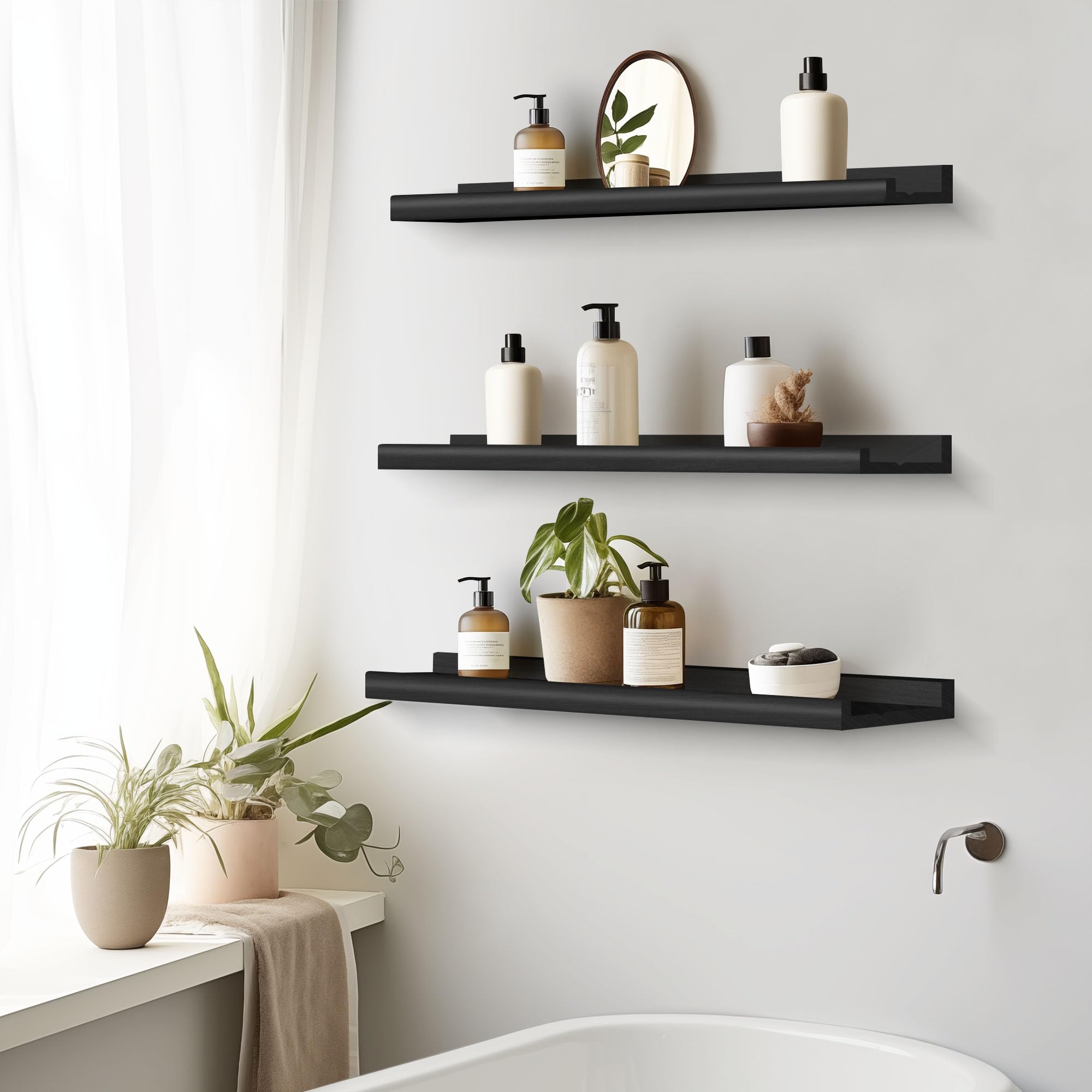 Annecy Floating Shelves, 23.6 Inch Floating Shelves for Wall, Wall Shelves Set of 3, Floating Shelves with Lip for Bathroom Kitchen Bedroom, 3 Different Widths, Dark Carbonized Black