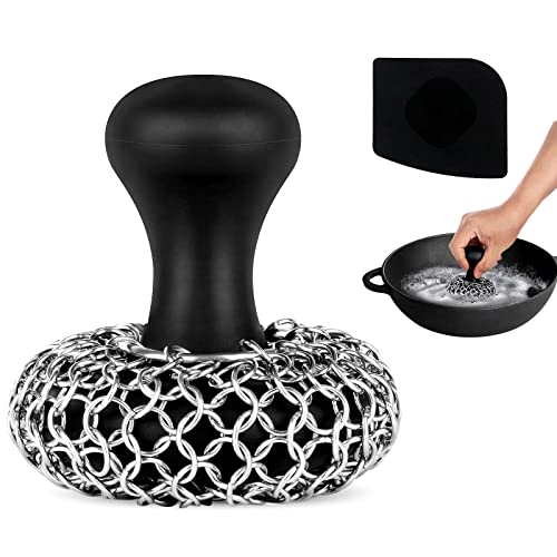 Cast Iron Scrubber | Dish Scrub Brush | 316 Cast Iron Cleaner Chainmail Scrubber for Cast Iron Pan Skillet Cleaner - Dish Scouring Pad Dishwasher Safe Cleaning Kit (Black, 1 Scrubber + 1 Scraper)