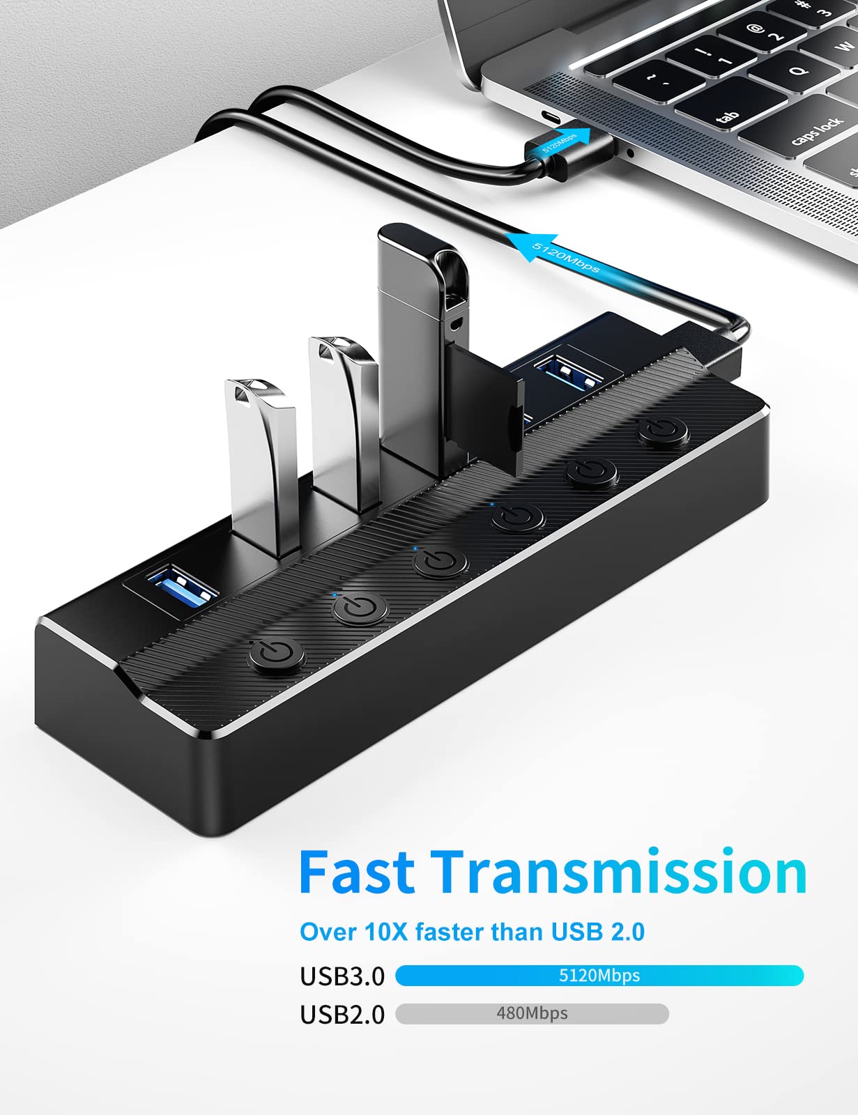 6-Port USB 3.0 Hub, LURMMUE USB Splitter for Laptop with Individual On/Off Switches and Light, 3ft Long Cord, USB Port Hub Extension for PC and Computer