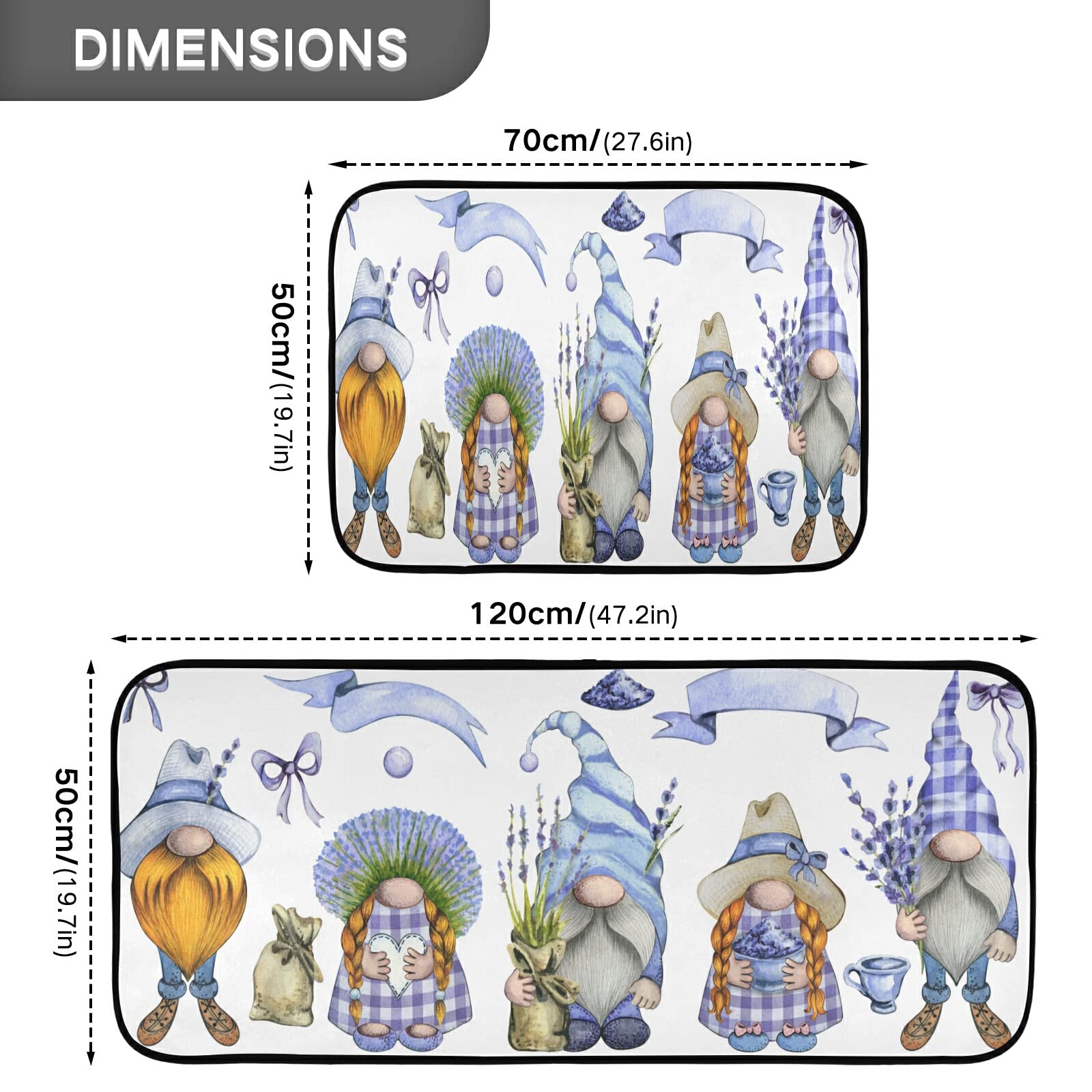 ALAZA Lavender Gnome Kitchen Mat Set 2Piece,Super Absorbent Kitchen Rugs Mats Non Slip Waterproof Easy Clean Carpets Rugs for Kitchen Floor Sink Laundry Runner Area Rug Carpet