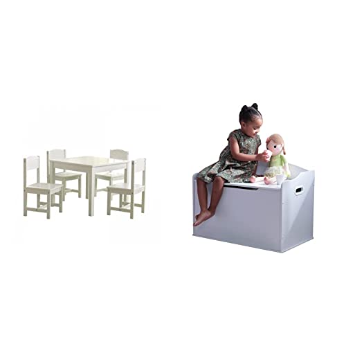 KidKraft Wooden Farmhouse Table & 4 Chairs Set, Children's Furniture for Arts and Activity - White, Gift for Ages 3-8 & Austin Wooden Toy Box/Bench with Safety Hinged Lid, White, Gift for Ages 3+