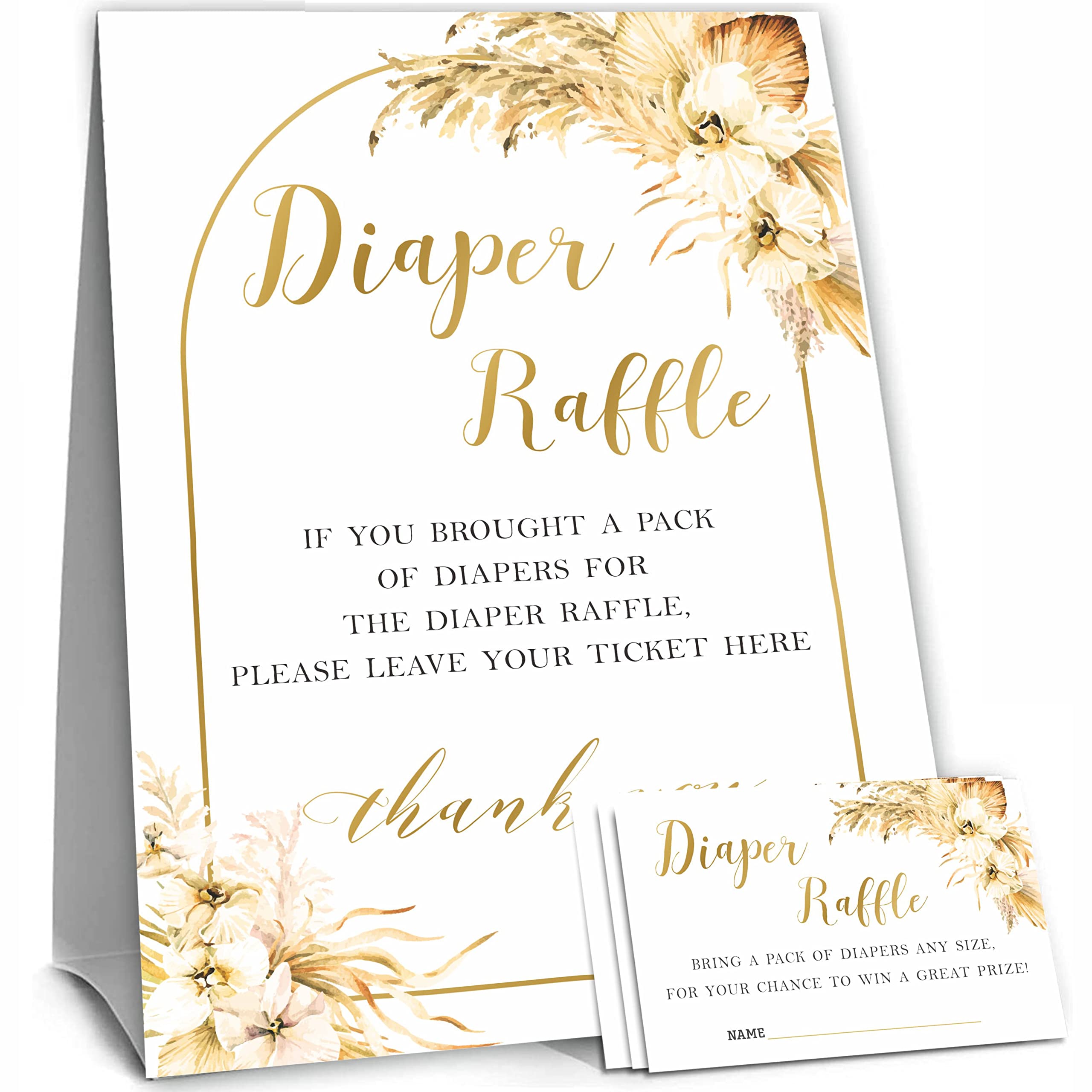 50 Diaper Raffle Tickets and 1 Self-standing Diaper Raffle Sign, Boho Pampas Grass Dried Flower Baby Gender Reveal Party Supplies, Gender Neutral Baby Shower Decorations - LBLK-009