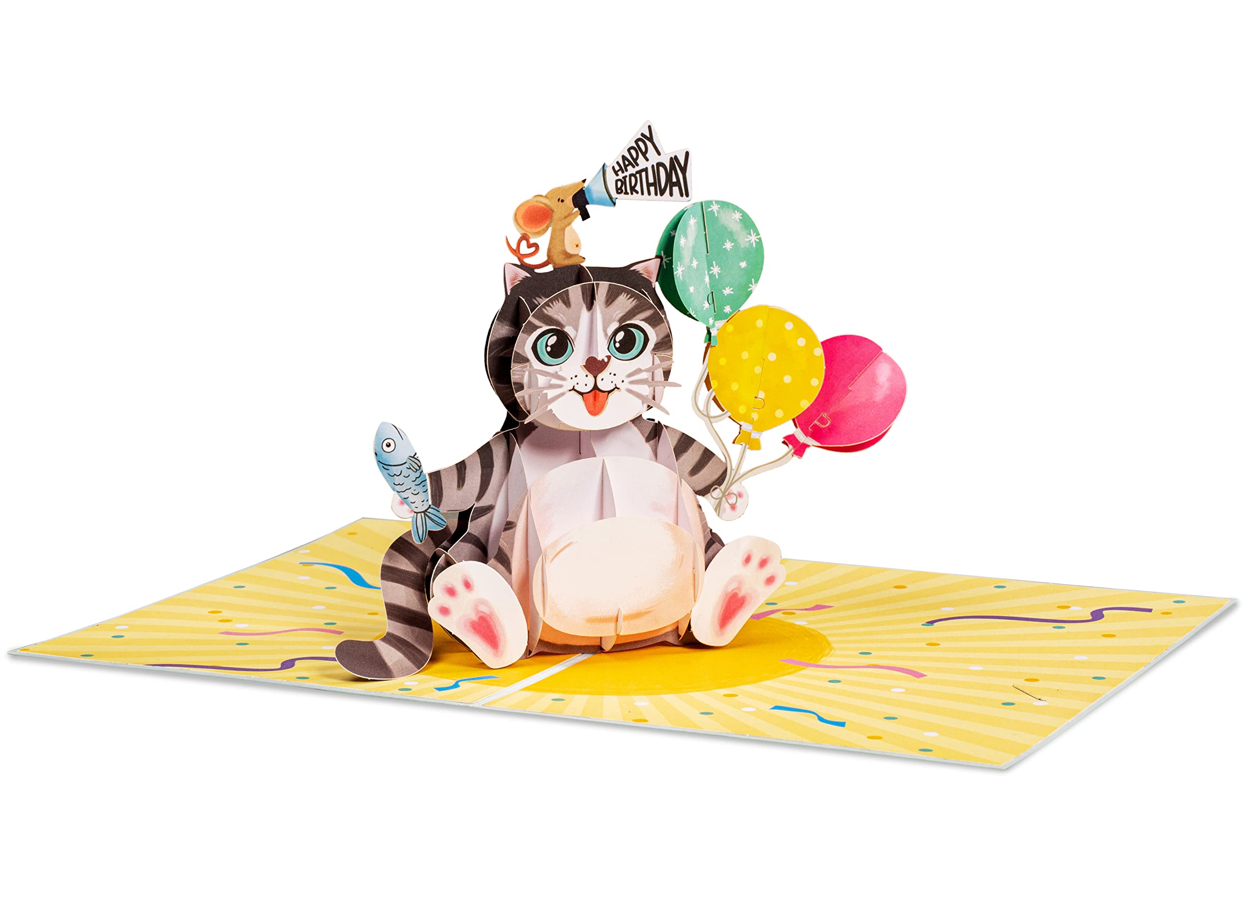 Paper Love 3D Pop Up Birthday Card, Birthday Cat, For Adults and Kids - 5" x 7" Cover - Includes Envelope and Note Tag