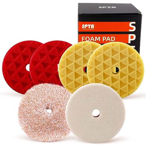 Buffing Polishing Pads, SPTA 6 Inch 150mm Body Repair Polishing Pad Set Made for 6 Inch Backing Plate, 6 Pcs Buffing Pads with Sponge, Wool and Micro-Fiber Pad Set for Car Detailing polishing Buffing
