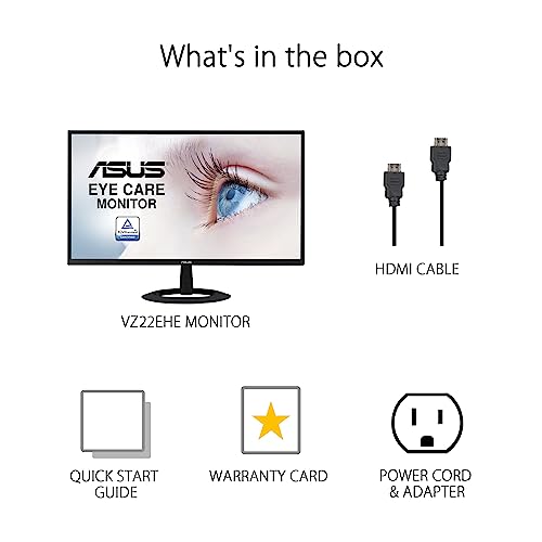 ASUS 22β (21.45β viewable) 1080P Eye Care Monitor (VZ22EHE) - Full HD, IPS, 75Hz, 1ms (MPRT), Adaptive-Sync, HDMI, Low Blue Light, Flicker Free, HDMI, VGA, Ultra-Slim,Black