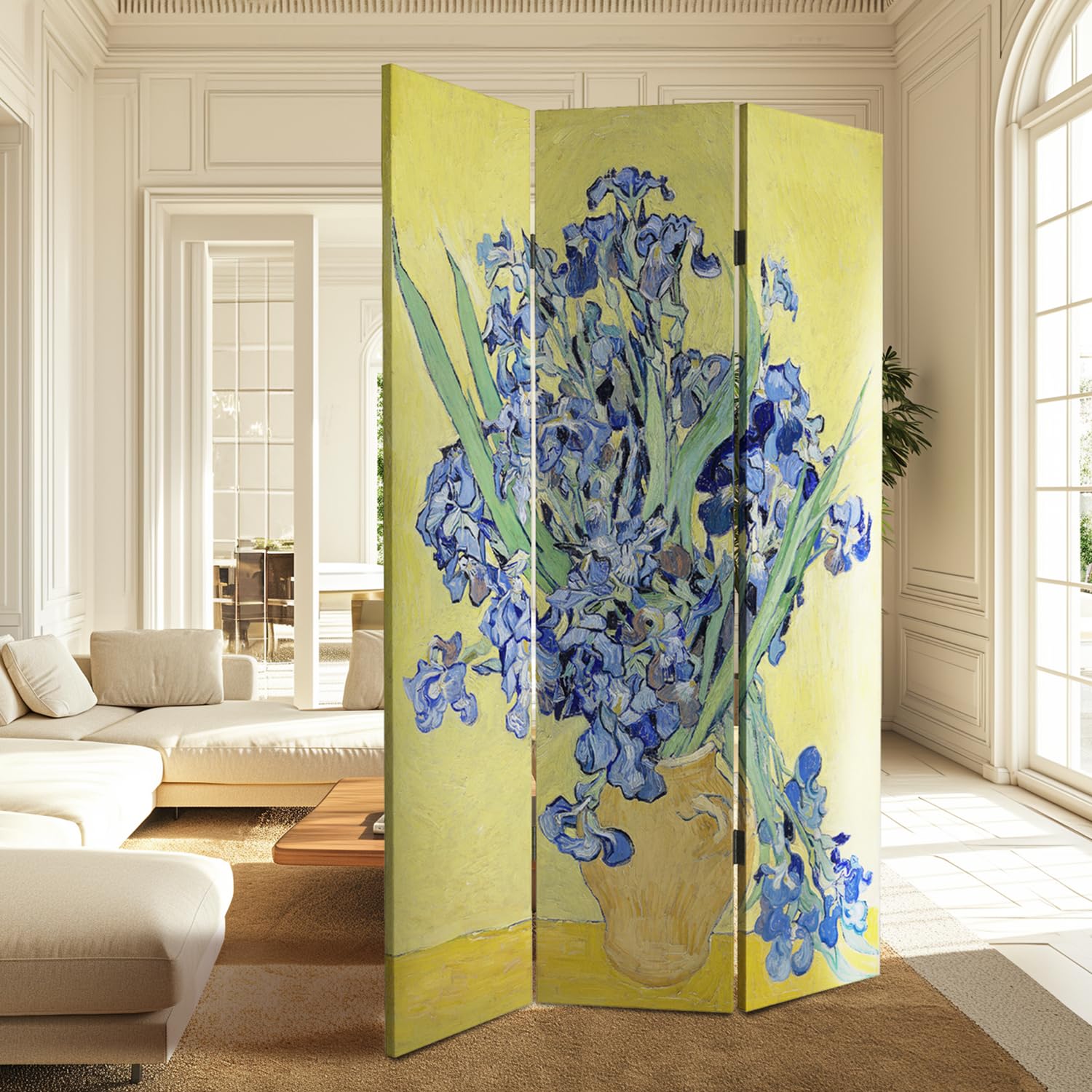 ARSTRIA 3-Panel Folding Room Divider Privacy Screen Van Gogh's Vase with Irises Against a Yellow Background Painting Canvas Foldable Portable Room Separating Divider Partition Freestanding 71'' H