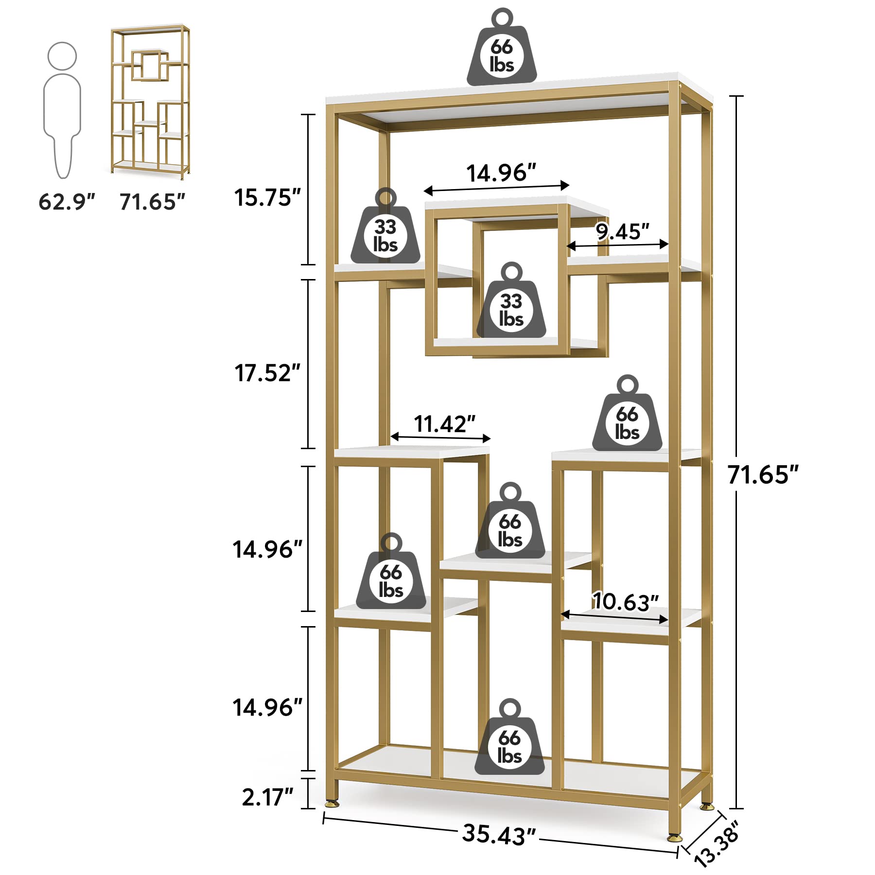 Tribesigns 71" Gold Etagere Bookshelf, Modern 11-Tier Tall Open Display Bookcase Bookshelves, Free Standing Book Shelf for Living Room, Bedroom, Home Office, Gold & White