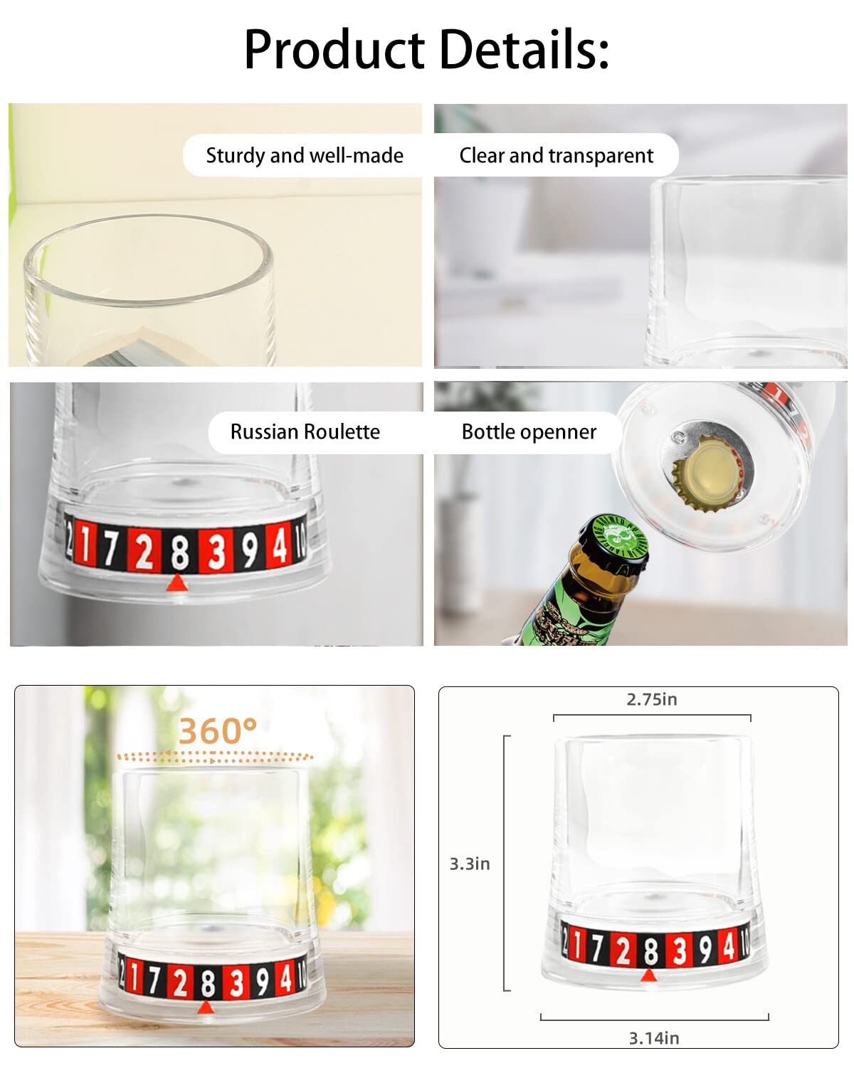 Acrylic Wine Glasses, 5 oz Clear Roulette Shot Spinning Whiskey Glasses, with Beer Bottle Opener, Plastic Reusable Drinking Glasses, Unique Gift for Men Husband Father(S)