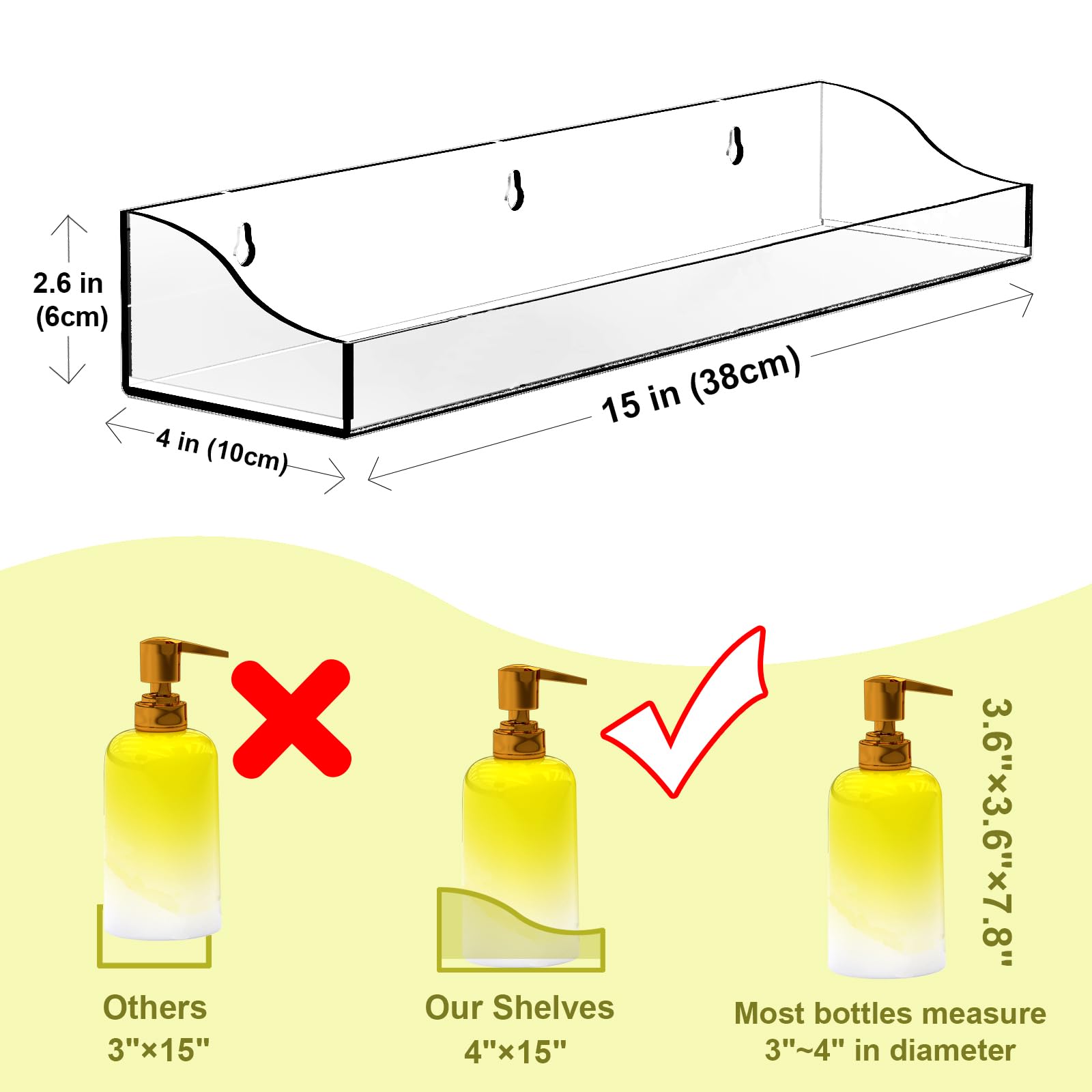 XQIGI Acrylic Bathroom Shelves Adhesive, 2 Pack Self Adhesive Clear Shower Shelves Transparent Floating Shelf Wall Mounted Thick Storage Rv Accessories Display No Drill Organization Decor