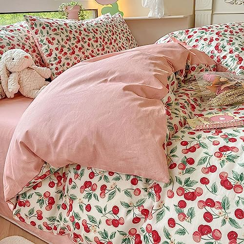 Cherry Duvet Cover Set, 100% Cotton Pure Cotton Printing,Home Standard Four-piece Bedding Set Decorative, Deep Pocket, Warm, Super Soft, Breathable Sheets with 2 Pillow Shams, Red ( Size : A1.8m4pcs )