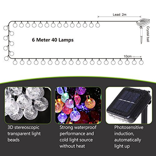 Christmas Decoration Light String- 6M 40LED Crystal Ball Solar String Lights Christmas Fairy Garden Lights for Outdoor Home Lawn Patio Party and Holiday Decorations (White Light)