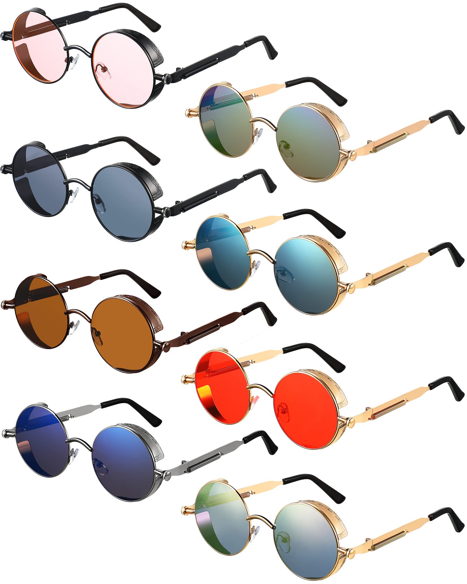 8 Pcs Retro Steampunk Sunglasses Vintage Gothic Round Sunglasses Hippy Glasses Circle Metal Frame Glasses for Men Women (Fresh Colors)
