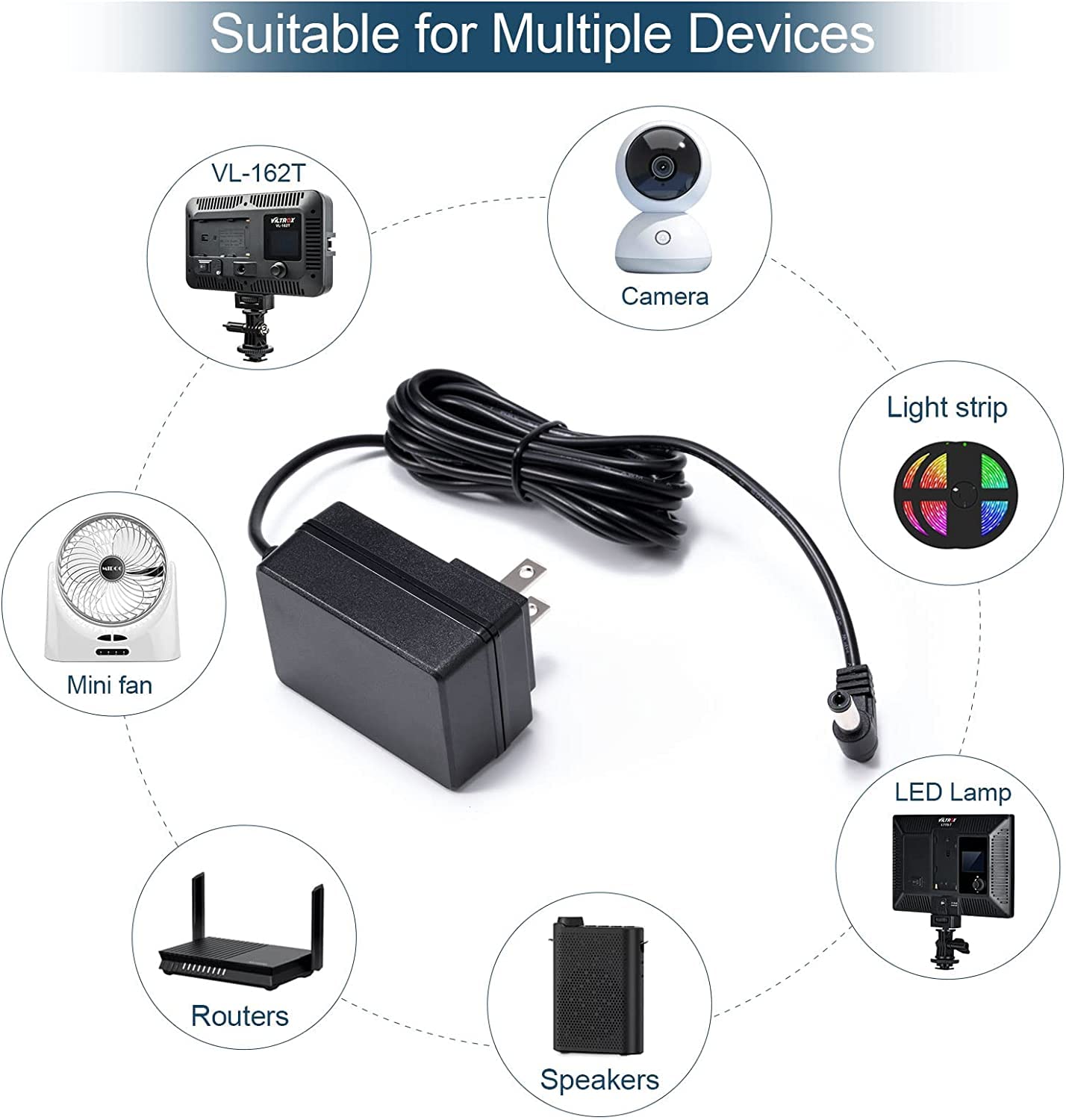 6.5ft Cable 12V 2A Power Supply with 90 Degree Angle, 12V/2A 24W Wall Plug AC Adapter 5.5mm x 2.1mm for LED Light Panel VILTROX L116T L162T L132T YN300 Led Light Strip Camera Monitor Router
