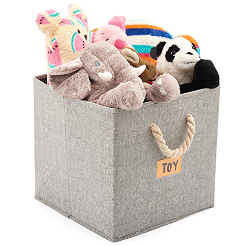 EZOWare [Set of 4] Foldable Fabric Storage Cube Bins with Cotton Rope Handle, Collapsible Resistant Basket Box Organizer for Shelves Closet Toys and More – Gray 12x12x12 inch
