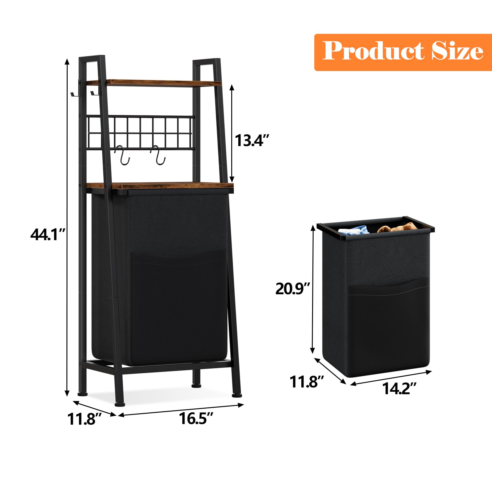 Furnulem 2 Tiers Laundry Hamper with Wooden Shelf and Hooks, Vertical Laundry Basket with Pull-Out and Removable Bag, Clothes Hamper with Divided Bag for Laundry Room, Bathroom, Bedroom, Dorm