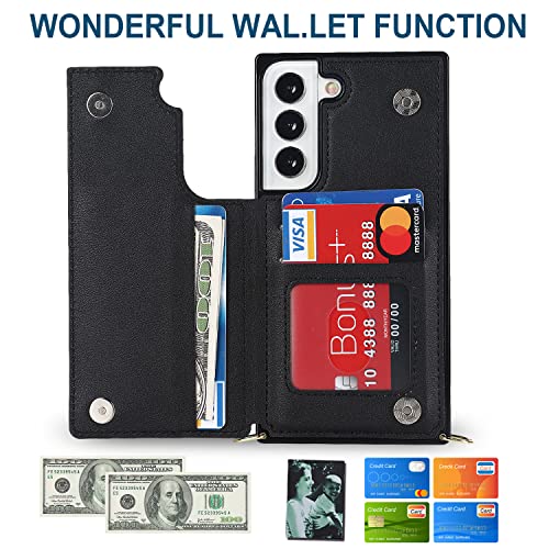 DEFBSC Compatible with Samsung Galaxy S21 FE Case, Crossbody Wallet Case, Adjustable Detachable Lanyard Neck Strap with Kickstand Leather Card Holder Protective Cover-Black