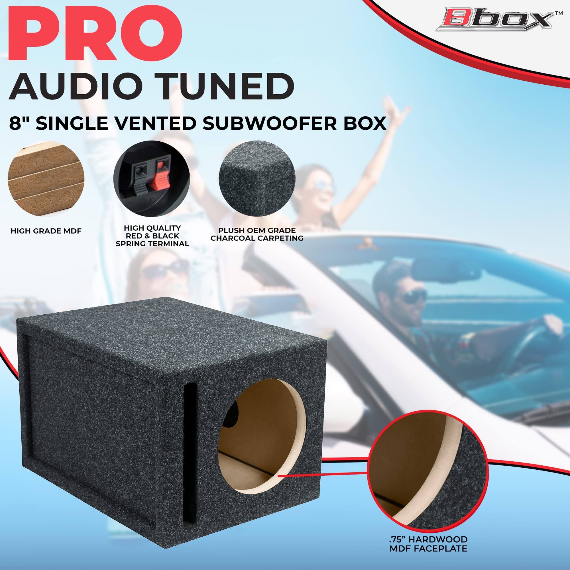 Bbox Single Hatchback Sealed 8 Inch Subwoofer Enclosure - Car Subwoofer Boxes & Enclosures - Premium Subwoofer Box Improves Audio Quality, Sound & Bass - Nickel Finish Subwoofer Terminal - Black
