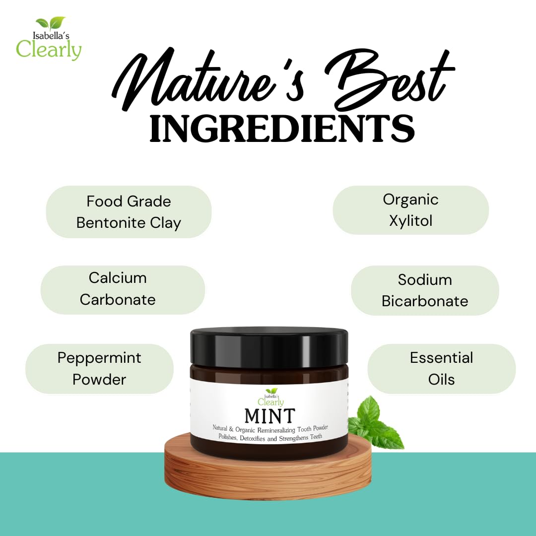Isabella’s Clearly Mint Remineralizing Tooth Powder | Teeth Whitening Natural Fluoride Free Toothpaste for Adults, Kids, Sensitive Teeth and Gums | Xylitol, Baking Soda, Clay, Calcium (Mint Flavor)