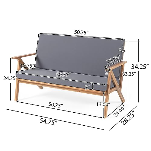 Christopher Knight Home Panama Outdoor Acacia Wood Chat Set with Water Resistant Cushions, 4-Pcs Set, Teak Finish / Grey