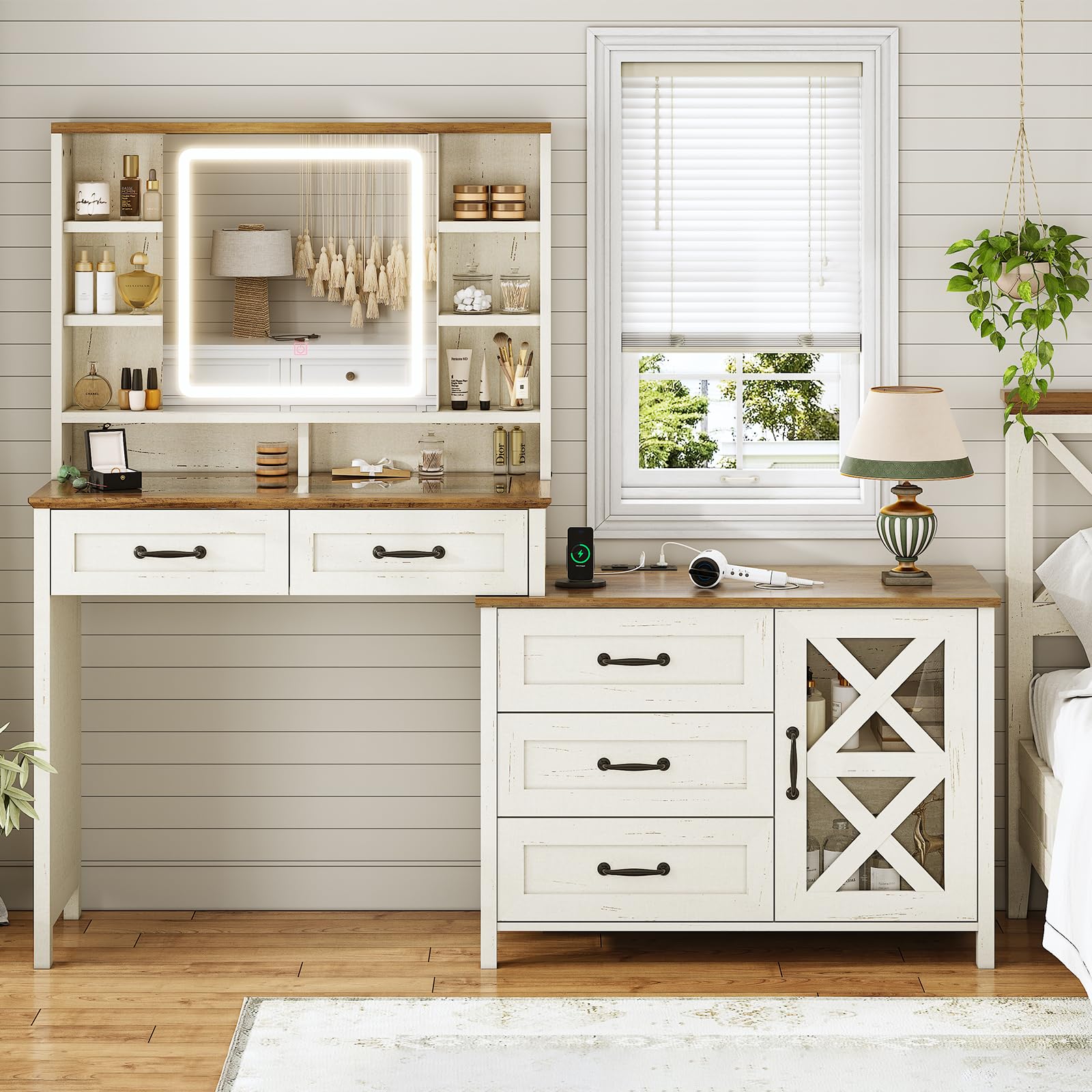 BTHFST Farmhouse Vanity with Glass Top & Charging Station, Vanity Desk with Touch Screen Mirror and Lights, Makeup Vanity with 5 Drawers & Shelves & Cabinet, Antique White