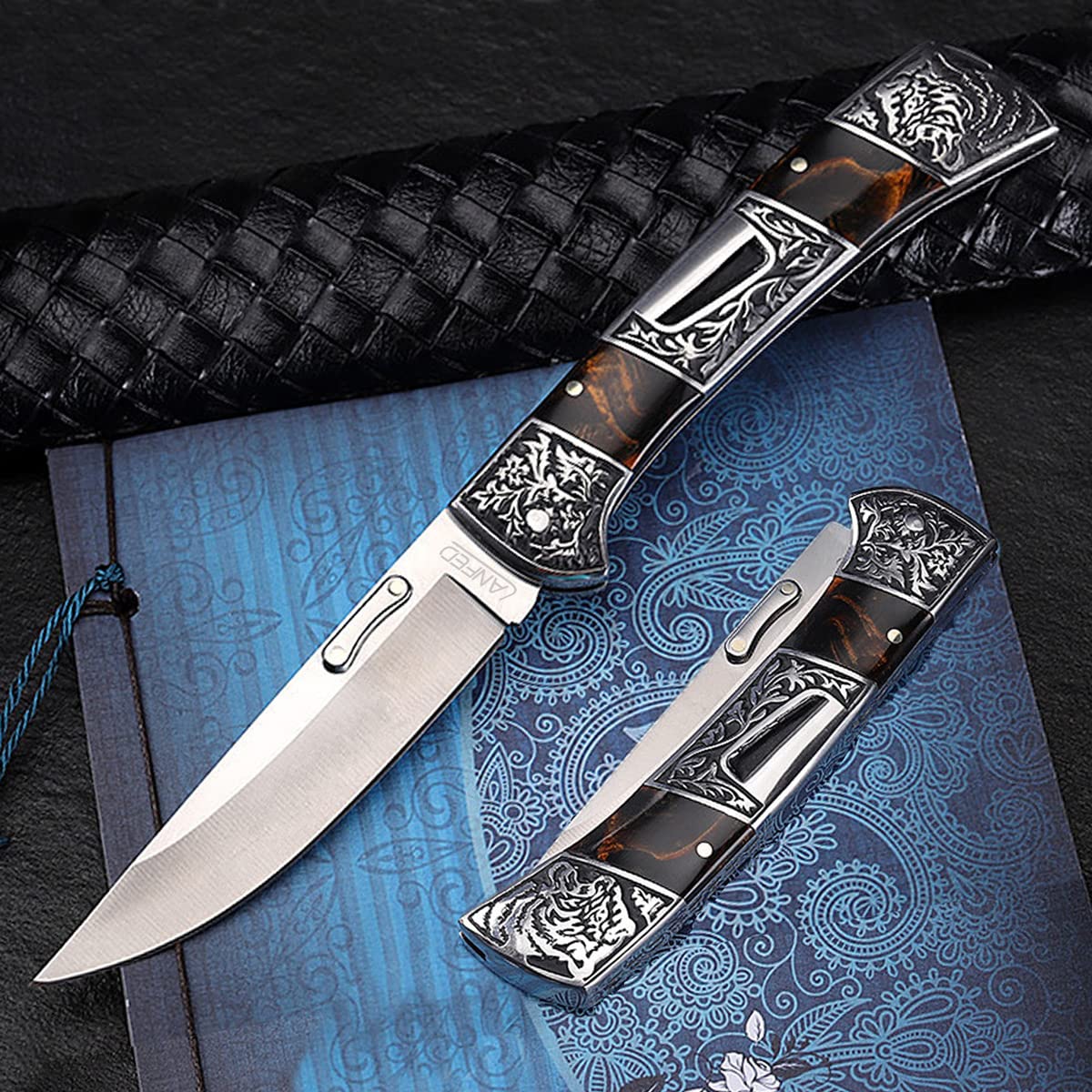 LANFED Pocket knife for Men, 3.5 inch Folding Knife with Back Lock, Engraved Unique Resin Handle, Cool Knives for Fishing, Hunting, Camping Gifts for Men