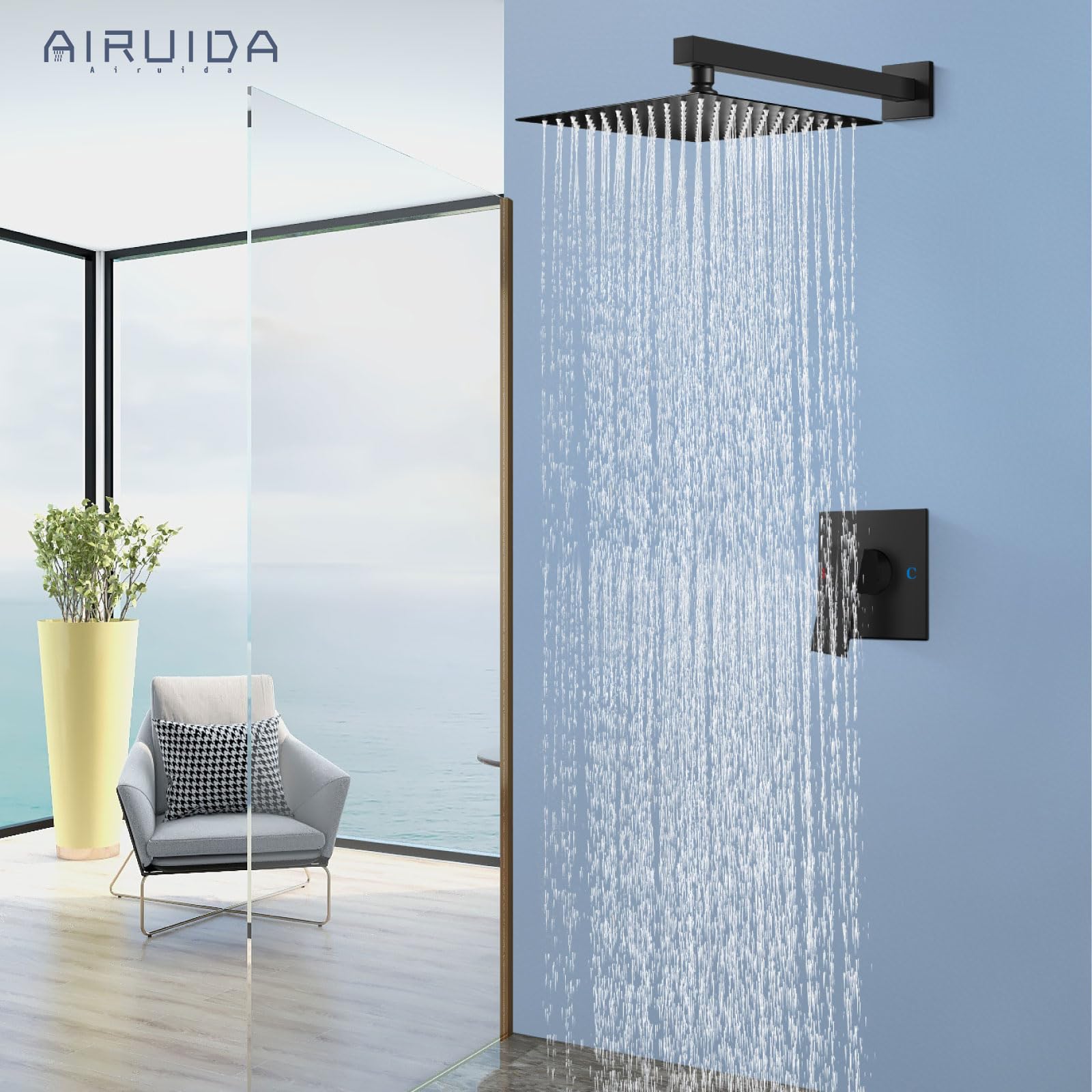 Airuida Shower Faucet Set Bathroom Rain Shower System SUS304 Stainless Steel Single Handle With Male Threads Rough-in Valve Shower Trim Kit 12 Inch Wall Mount Shower Head Matte Black