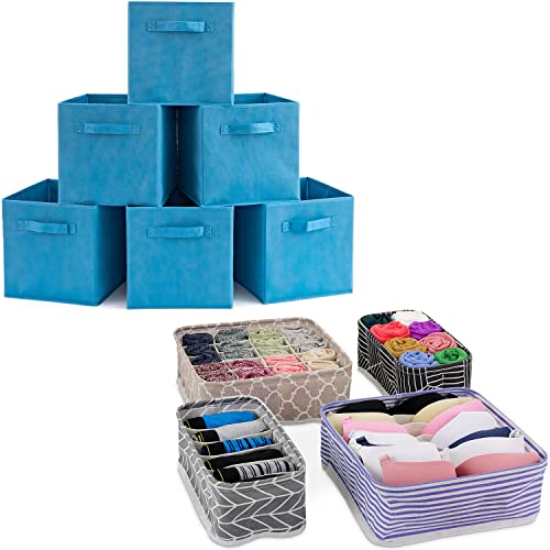 EZOWare Bundle Kit 6 Pcs Niagara Blue Collapsible Fabric Cube Storage Bin Baskets + 4 Closet Wardrobe Dresser Drawer Organizer Divider For Organizing Nursery Baby Clothes