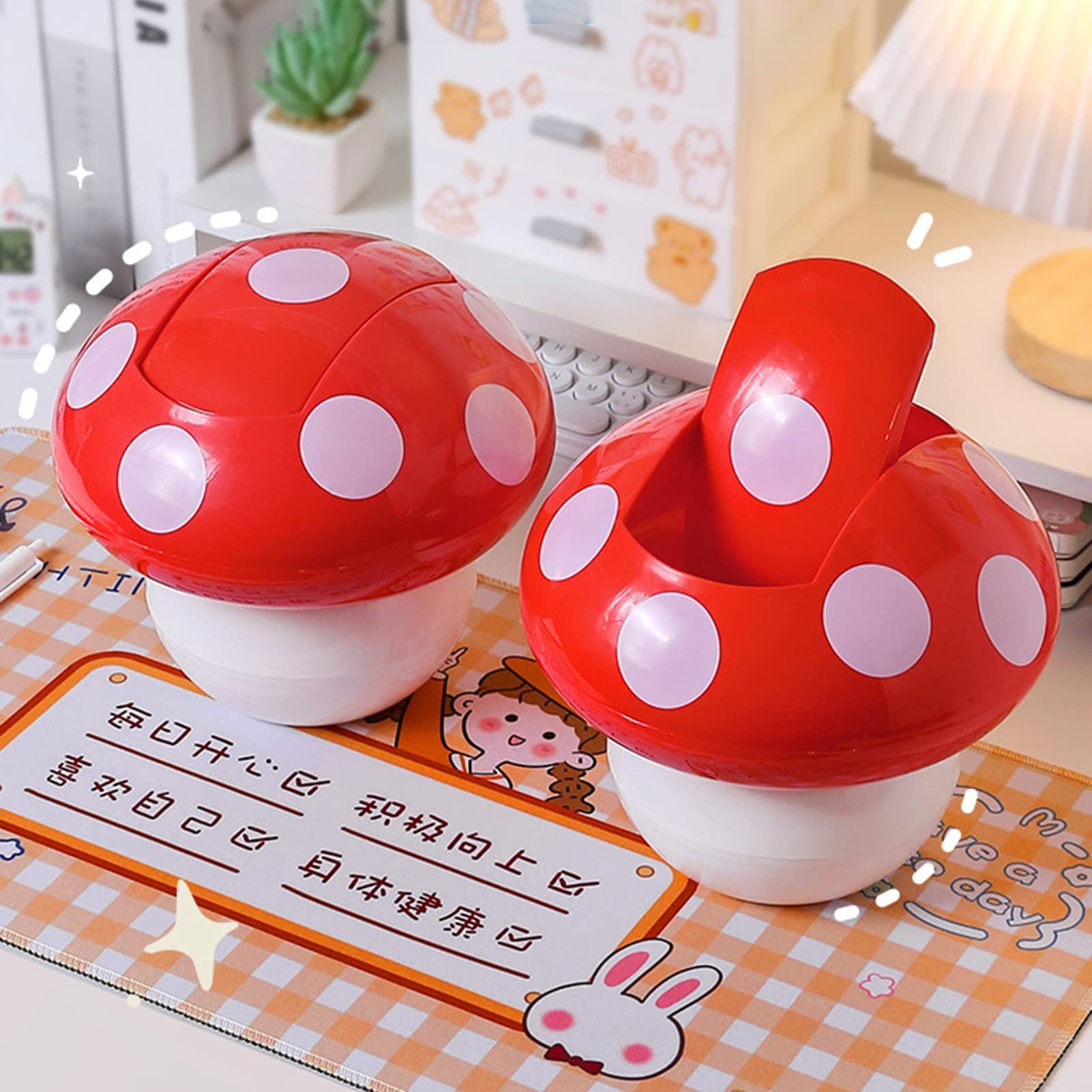 Altsuceser Mushroom Mini Trash Can with Swing Lid, Red, Plastic, 19cm
