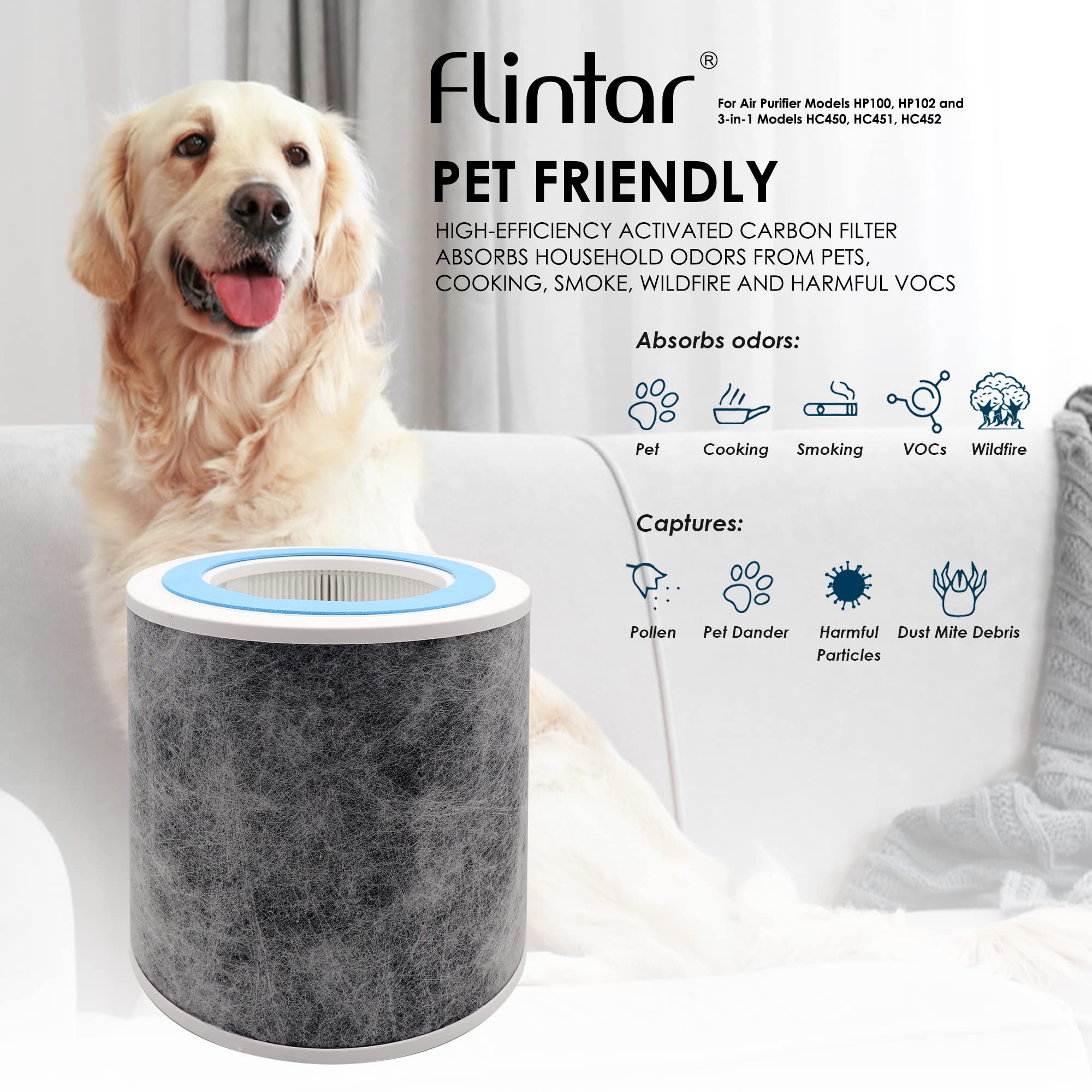 Flintar HP102 True HEPA Replacement Filter, Made in TAIWAN, Compatible with Shark Air Purifier HP100, HP102, HC450, HC451, HC452, HC455, Compares to Part # HE1FKBAS and HE1FKPET (2-Pack)