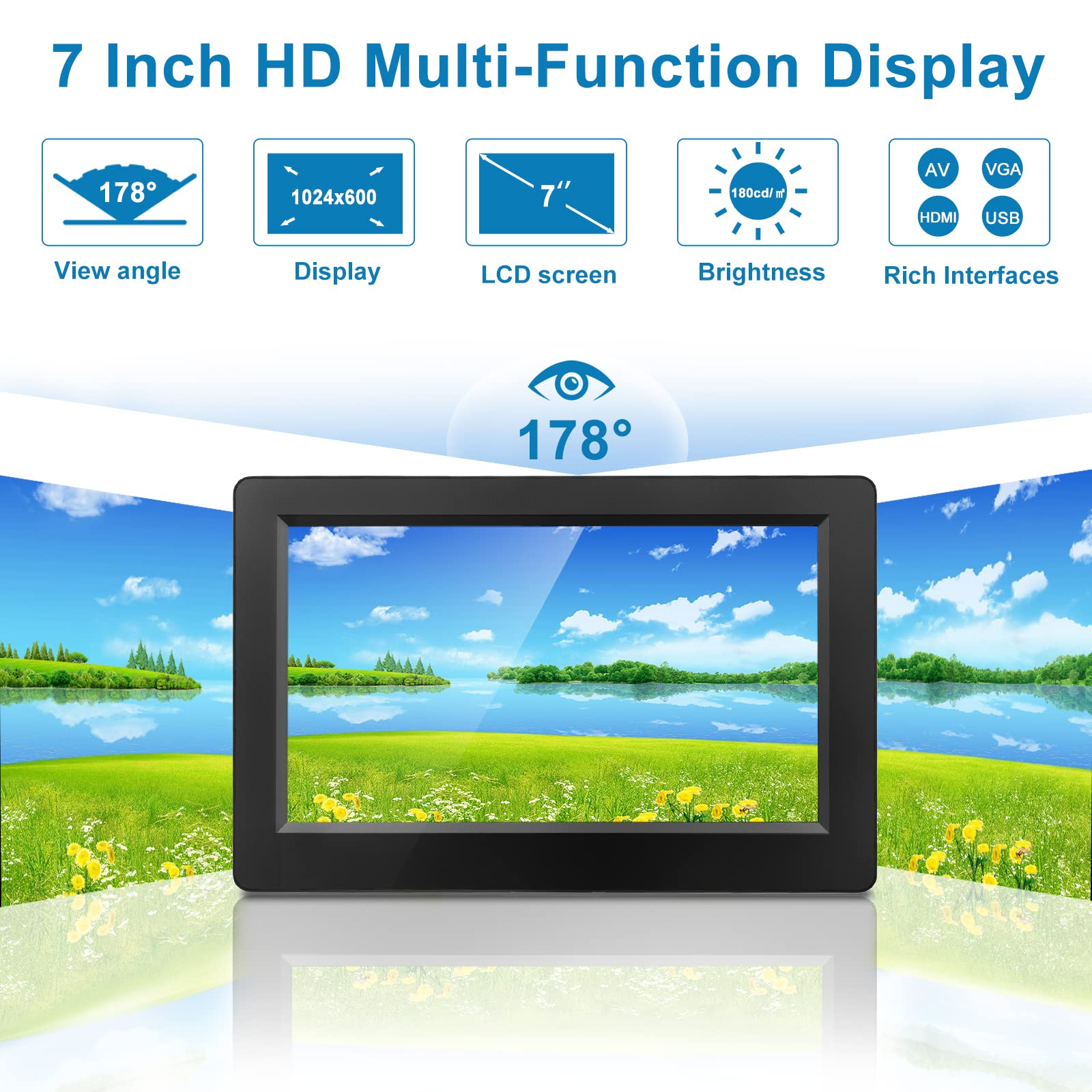 AUKUYEE 7 Inch Touch Screen 1024x600 IPS Monitor for Raspberry Pi 4 3 2B B RPi 1 B+ A+ PC Car with Speaker SC7K