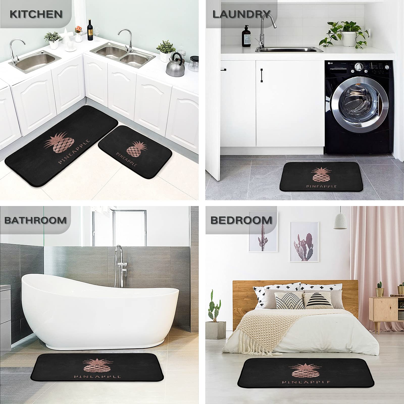 ALAZA Rose Gold Pineapple Black 2 Piece Kitchen Rug Floor Mat Set Runner Rugs Non-Slip for Kitchen Laundry Office 20" x 28" + 20" x 48"