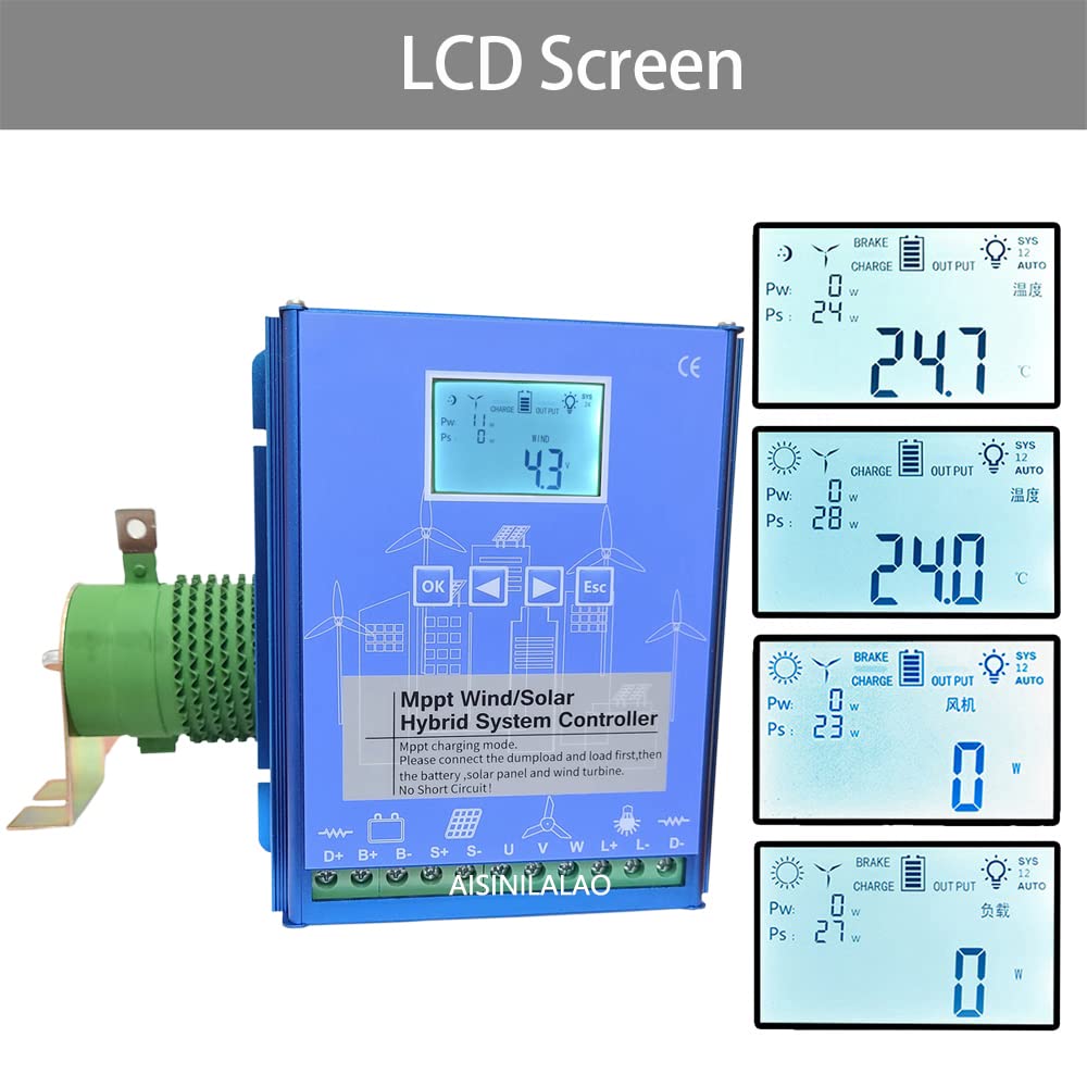AISINILALAO Wind Solar Hybrid Charge Controller, 3000W 12V/24V/48V Wind Solar MPPT Charge Boost Controller with LCD Display Universal for Off Grid Wind Solar Hybrid System(Blue),48v
