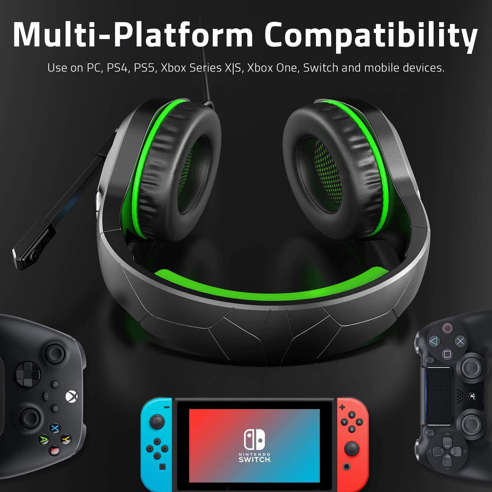 Fachixy FC100 Gaming Headset for PS4/PS5/PC/Xbox/Nintendo Switch, Xbox Headset with RGB Light, PS5 Headset with Mic (Green)