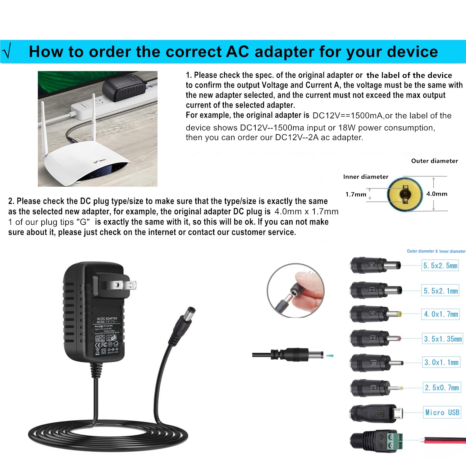 Universal AC Adapter 24V 1A Power Supply AC110V to DC24V Power Driver 5.5x2.1mm with 8 DC Plugs DC24V 100mA 500mA1000mA Charger Transformer 24V AC-DC Adapter