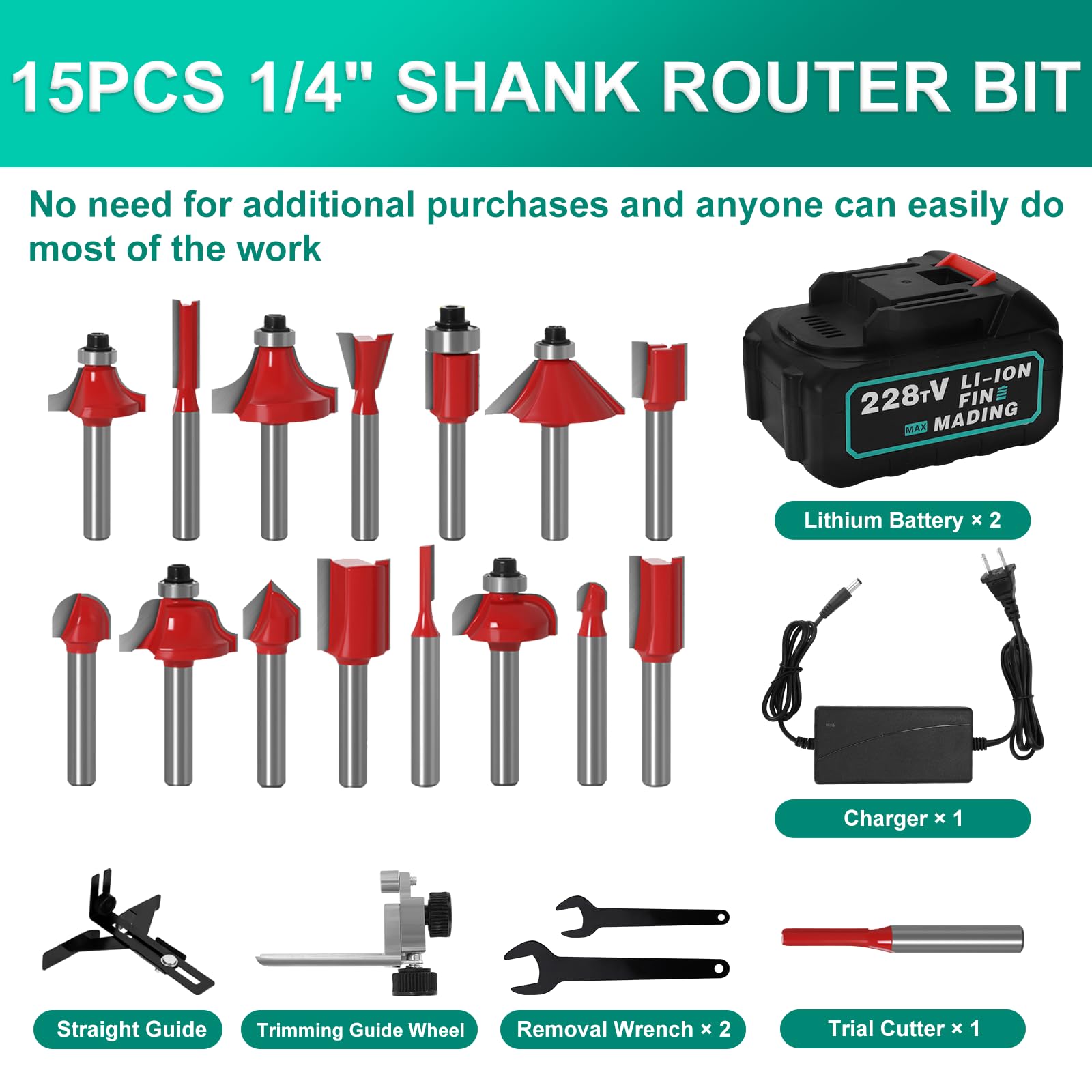 iklestar Cordless Compact Wood Router, 21V Wood Router Tool With 2PCS Batteries Brushless Portable Handheld Palm Routers for Woodworking Electric Trimmer Wood Router with 15 PCS 1/4" Router Bits