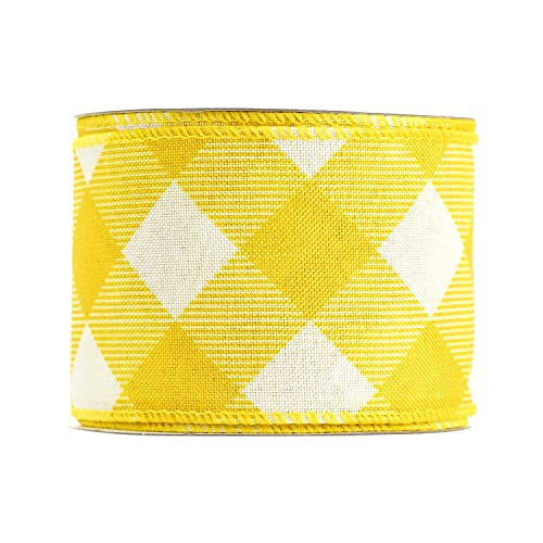 MEEDEE Yellow White Checkered Ribbon Christmas Wired Ribbon Yellow Burlap Ribbon 2.5 inch x 10 Yards for Christmas Tree Decoration Crafts Bows Making Wreath Wrapping Home Decor