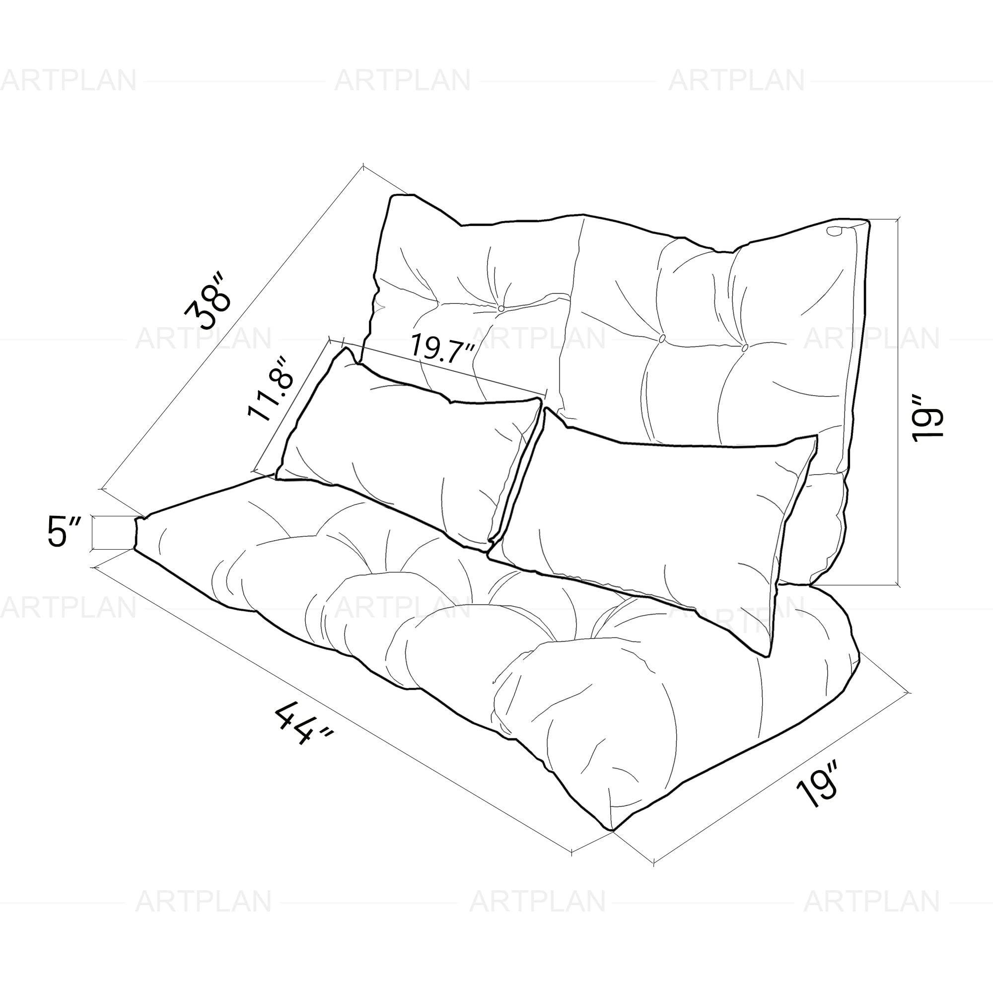 ARTPLAN Outdoor Cushions for Settee,Wicker Loveseat Cushions with Tie,Tufted Patio Cushions 2 U-Shaped Set of 5 Piece,L44xW19,Summer Floral