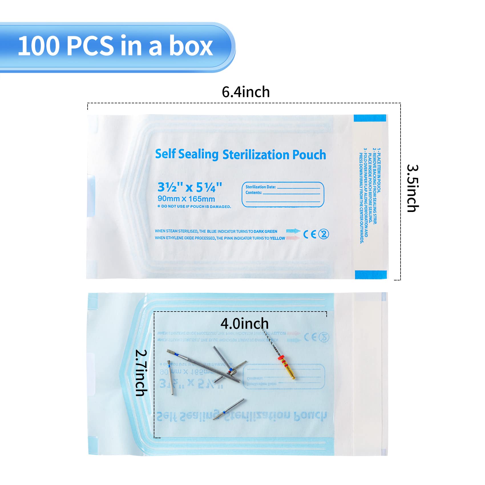 Annhua 3.5 X 6.5 Self Sterilization Pouches for Dental Offices, 100 Pcs Self Seal Sterilizer Bags Pouch - Blue