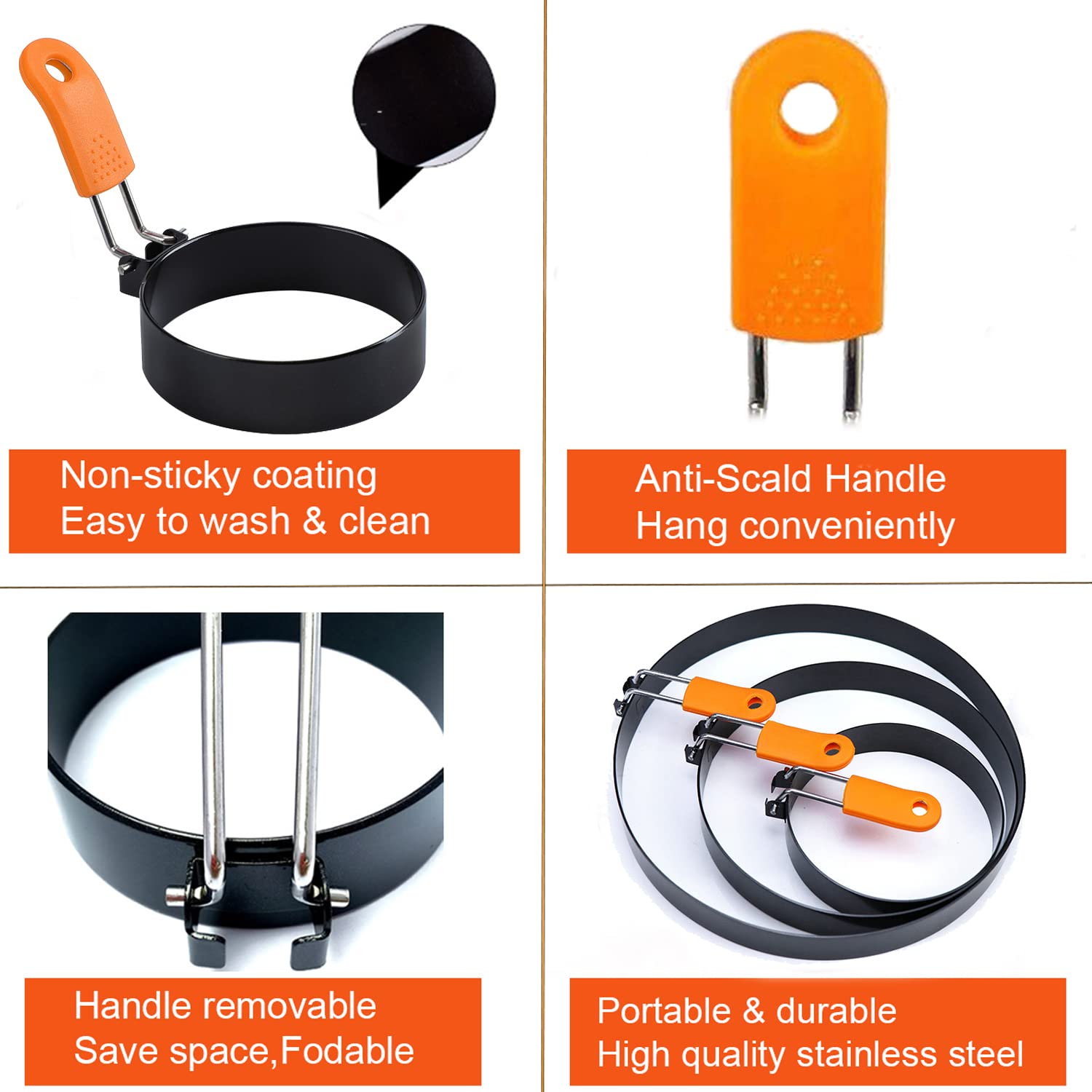 6" Pancake Ring 4" Egg Ring for Griddle,Non-Stick Stainless Steel 6 Inch Pancake 4 Inch Egg Ring for Frying Egg Crumpet Ring Muffin Ring with Silicone Handle(2X 6" Pancake Ring + 2X 4" Egg Ring)