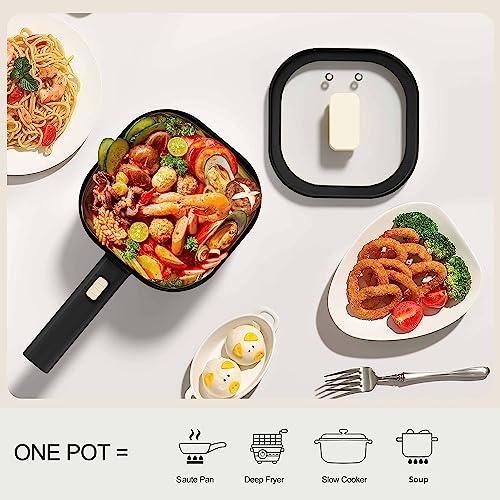 Dezin Hot Pot Electric with Steamer, 2L Non-Stick Ceramic Coating Electric Pot, Multifunction Cooker for Ramen, Soup & Oatmeal, Portable Hot Pot with Power Control for Dorm, Office, Travel (Silicone Spatula Included)