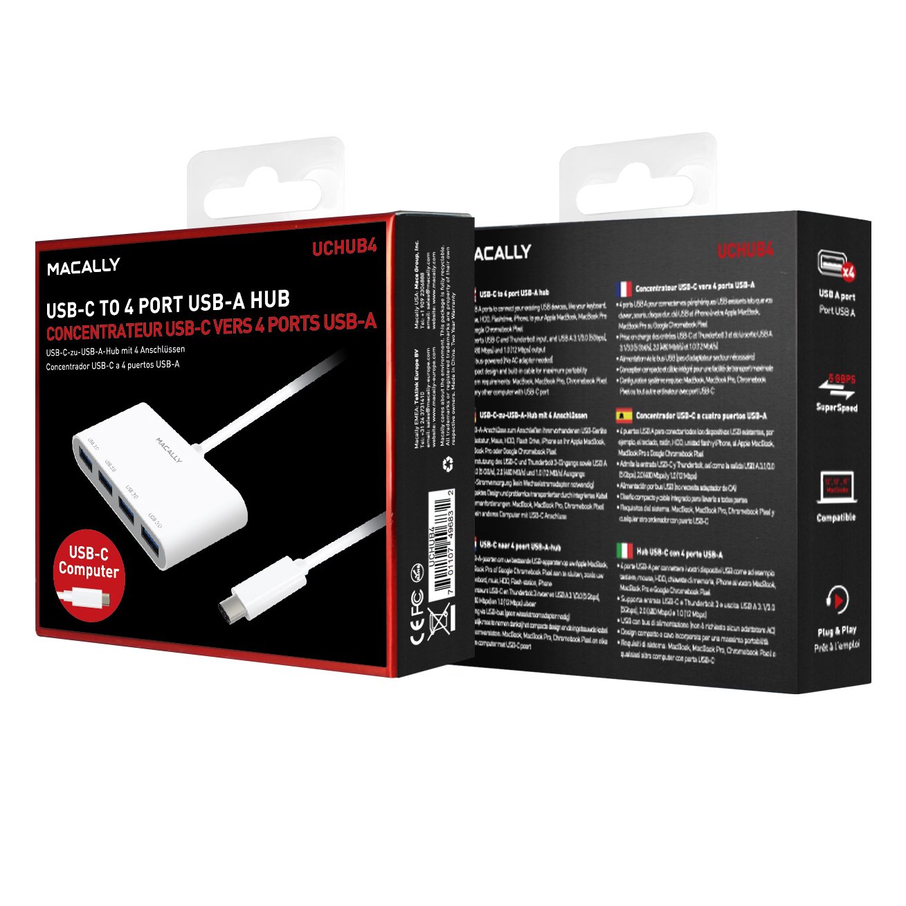 Macally Uchub4 USB-C Hub 10 CM Cable White with 4 USB-A Ports
