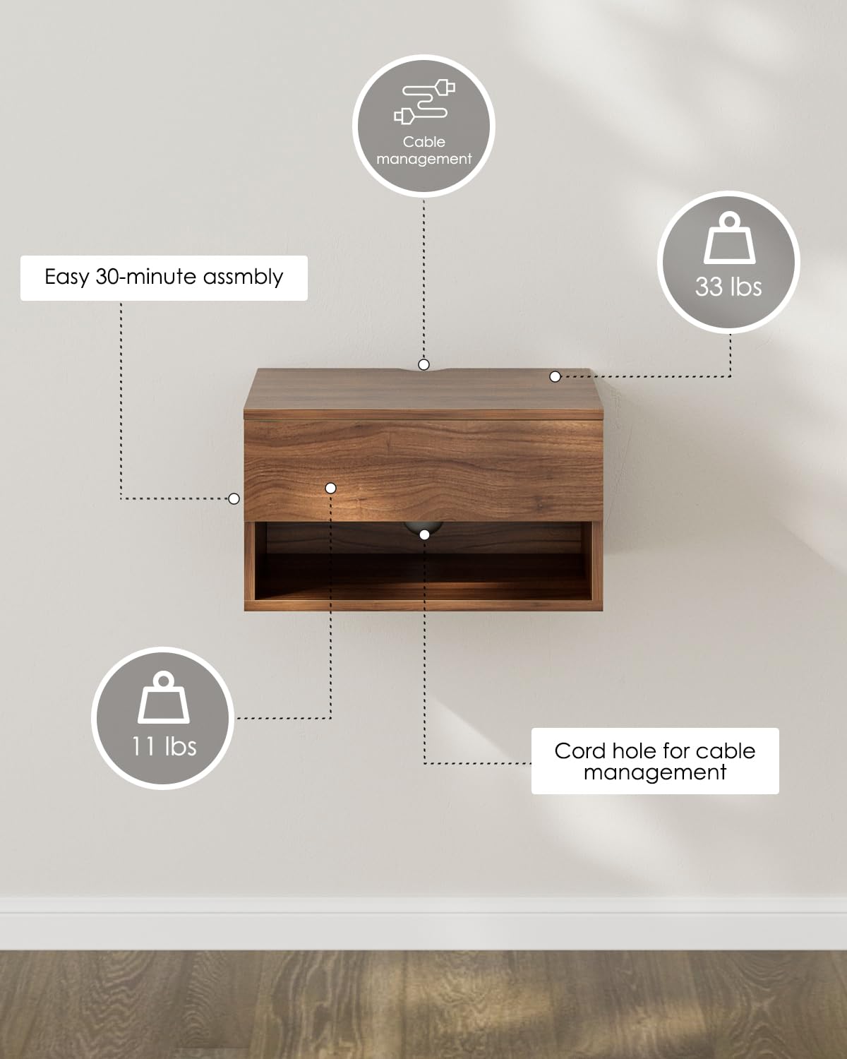 Aobafuir Floating Nightstand, Small Modern Floating Nightstand with Drawer, Floating Shelves for Bedroom, Bathroom (Brown Walnut)
