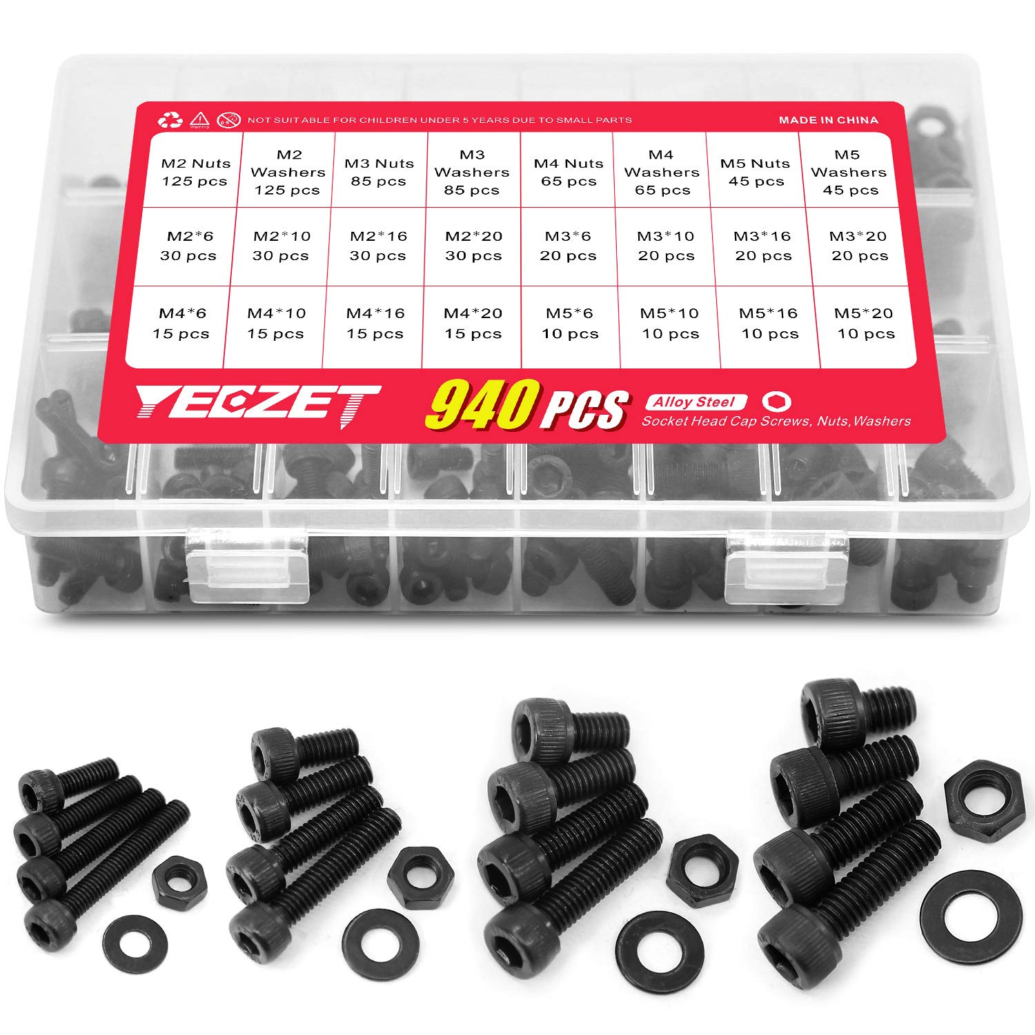 YEEZET M2 M3 M4 M5 12.9 Grade Alloy Steel Hex Socket Head Cap Screws Bolts Nuts Flat Washers Set Assortment Kit with Storage Box, Allen Socket Drive (940 PCS)