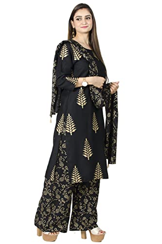 Chandrakala Gold Foil Printed Kurti Palazzo Set for Women Rayon Indian Ethnic Tunic,Small (K176BLA1)