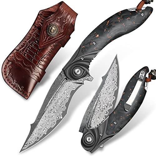 ALVELY handmade Folding Pocket Knife,Japanese Damascus steel 3.9in blade Men's folding knife,with Pocket Clip Leather Sheath,liner lock, Carbon Fiber Handle,fit EDC Outdoor camping Survival,gift