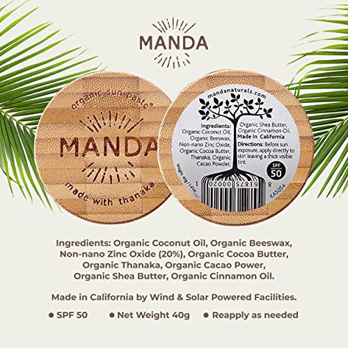 MANDA - Reef Safe Sunscreen - Made of Thanaka, Non-Nano Zinc Oxide & Organic Ingredients - SPF 50 - Travel Size, Waterproof Sunscreen Paste - Applies Thick - 40g