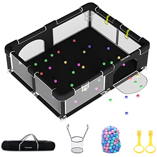 Extra Large Baby Playpen for Babies Toddlers 71"X79" -Portable Big Baby Playard with 2 Door for Indoor - Black Baby Play Yard Fence with 50 Ocean Balls 2 Pull Rings A Storage Bag