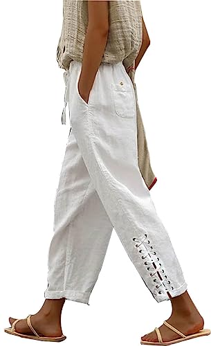 BIRW Size L White Womens Linen Pants with Pockets High Waist Comfy White Gauze Pants for Women Casual Summer Lightweight Loose Embroider Oceanside Trousers Tapered Ninth Pants