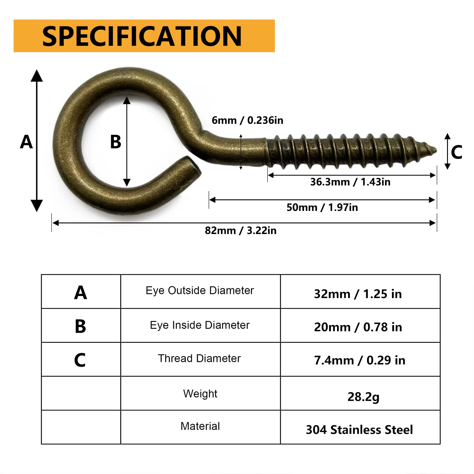 Allkeen 3.2 Inches Bronze Screw Eyes, 8 Pcs Stainless Steel Heavy Duty Screw in Eye Hooks for Indoor Outdoor Use, 200 Lbs Capacity
