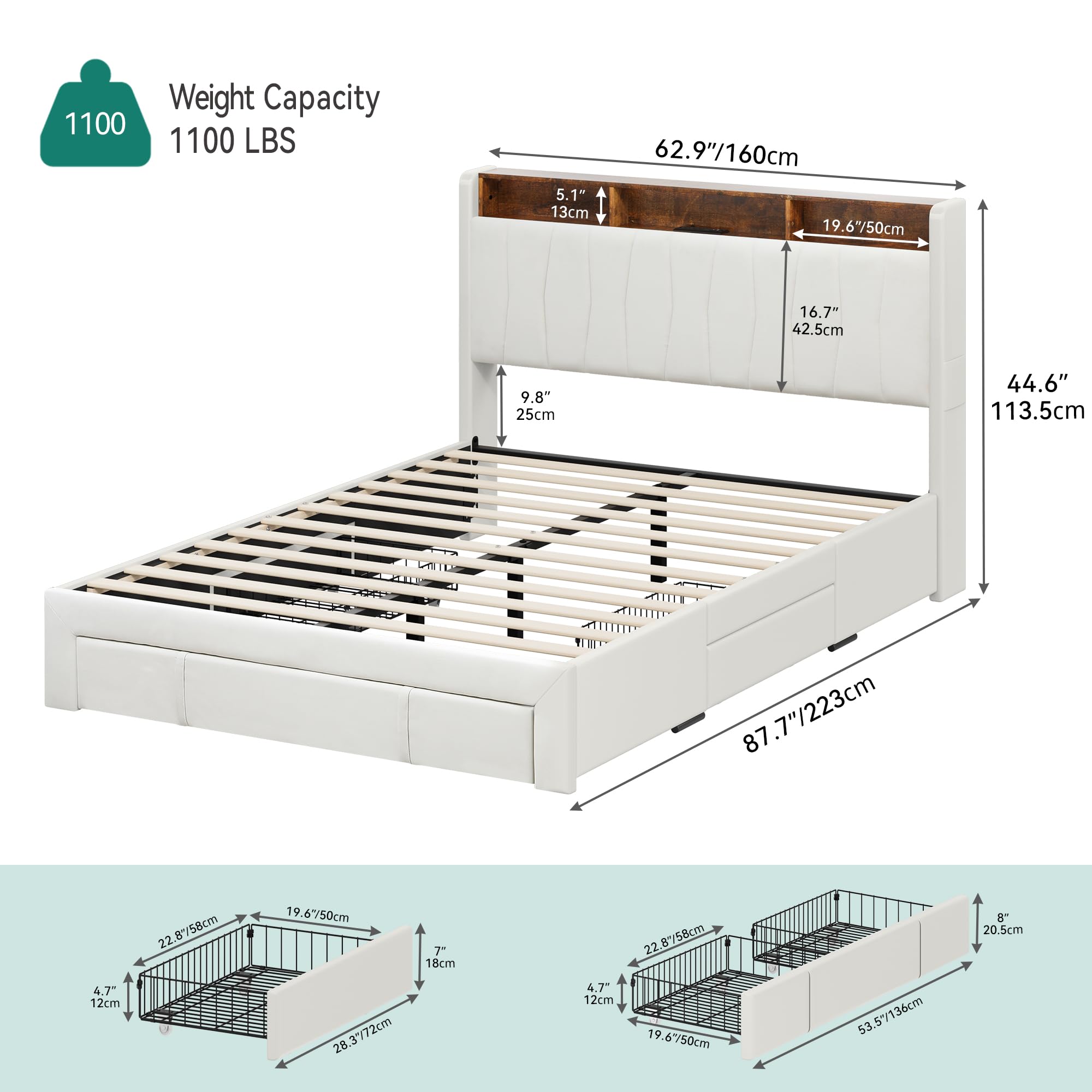 YITAHOME Queen Size Bed Frame, Storage Bed Frame with 4 Drawers & LED Light, Platform Bed with Storage Upholstered Headboard and Charging Station, No Box Spring Needed, Easy Assembly, Beige